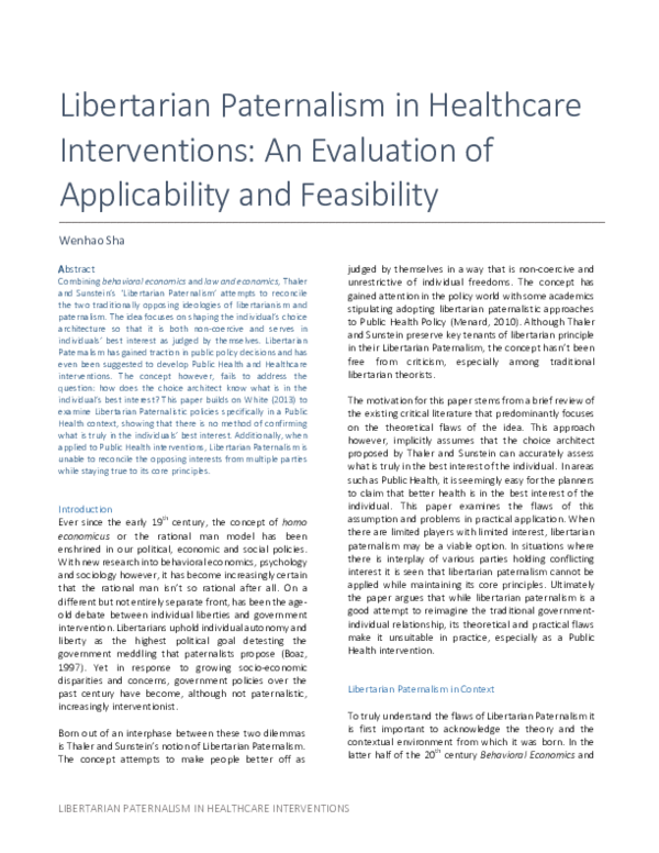 (PDF) Libertarian Paternalism in Healthcare Interventions: An ...