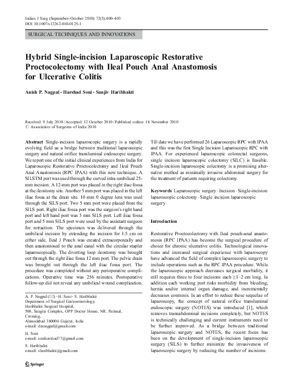 (PDF) Hybrid Single-incision Laparoscopic Restorative Proctocolectomy ...