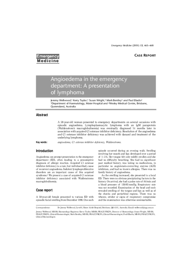(PDF) Angioedema in the emergency department: A presentation of lymphoma