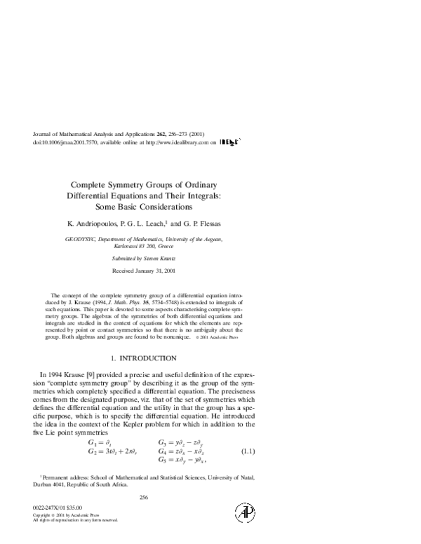 (PDF) Complete Symmetry Groups of Ordinary Differential Equations and Their Integrals: Some ...