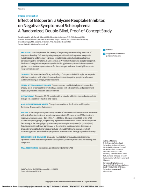 (PDF) Effect of Bitopertin, a Glycine Reuptake Inhibitor, on Negative ...