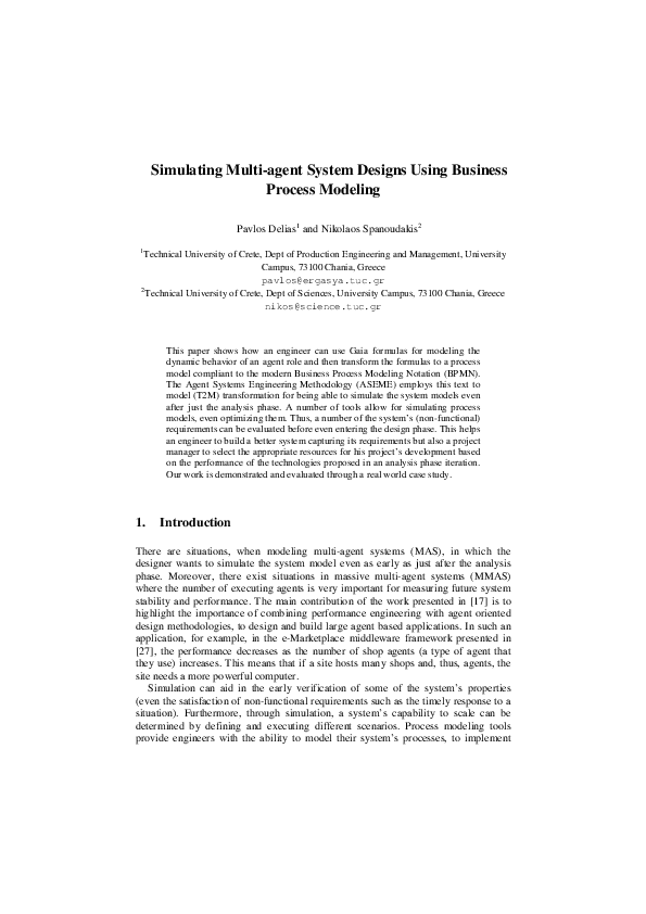 Pdf Simulating Multi Agent System Designs Using Business Process Modeling