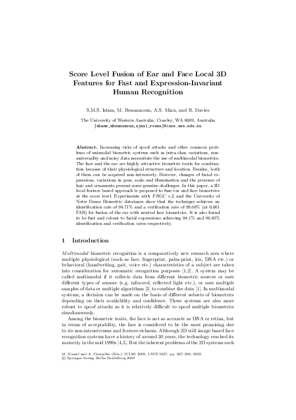 (PDF) Score Level Fusion of Ear and Face Local 3D Features for Fast and Expression-Invariant ...