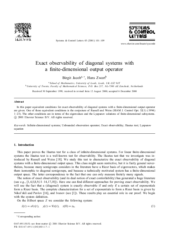 (PDF) Exact observability of diagonal systems with a finite-dimensional output operator