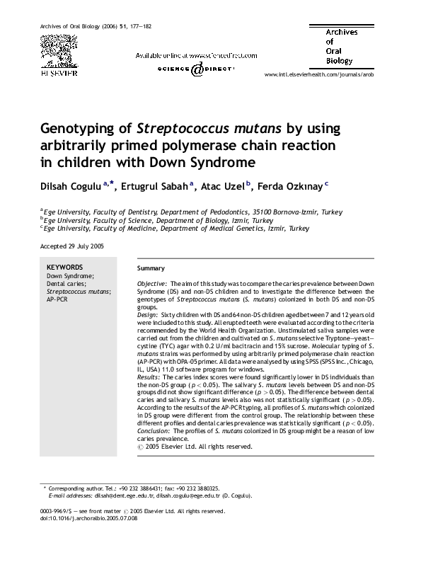 Pdf Genotyping Of Streptococcus Mutans By Using Arbitrarily Primed Polymerase Chain Reaction