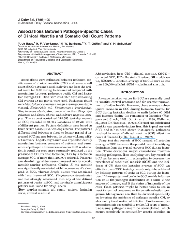 (PDF) Associations between pathogen-specific cases of clinical mastitis and somatic cell count ...