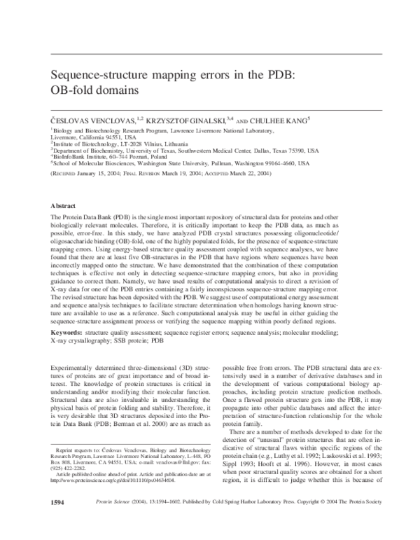 (PDF) Sequence-structure mapping errors in the PDB: OB-fold domains
