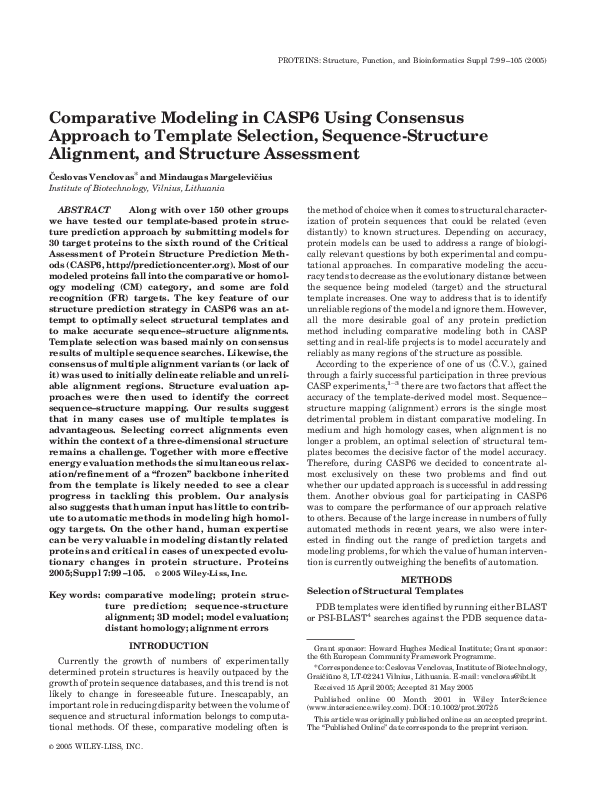(PDF) Comparative modeling in CASP6 using consensus approach to template selection, sequence ...