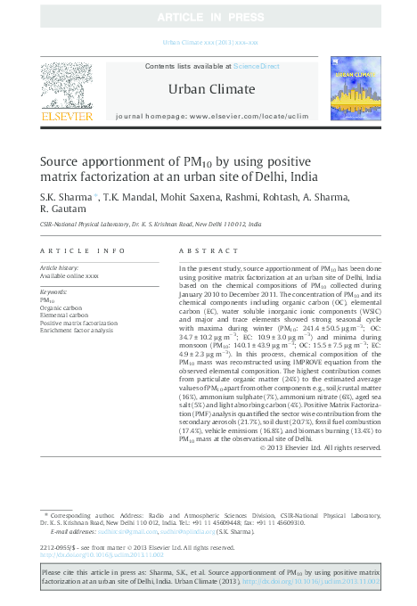 Pdf Source Apportionment Of Pm10 By Using Positive Matrix Factorization At An Urban Site Of