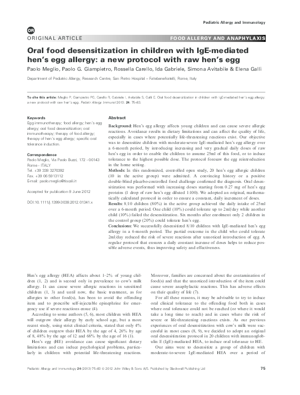 (PDF) Oral food desensitization in children with IgE-mediated hen’s egg ...