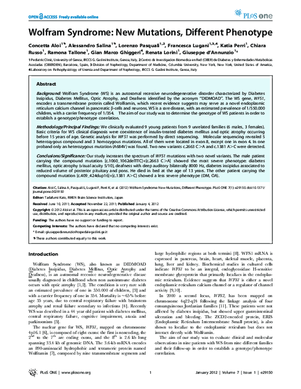 (PDF) Wolfram Syndrome: New Mutations, Different Phenotype