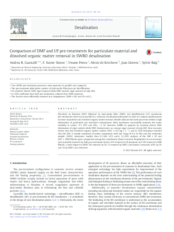 (PDF) Comparison of DMF and UF pre-treatments for particulate material and dissolved organic ...
