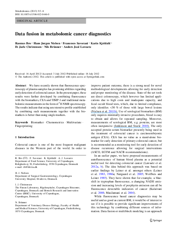 (PDF) Data fusion in metabolomic cancer diagnostics