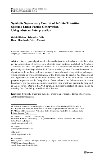 Pdf Symbolic Supervisory Control Of Infinite Transition Systems Under Partial Observation 4578