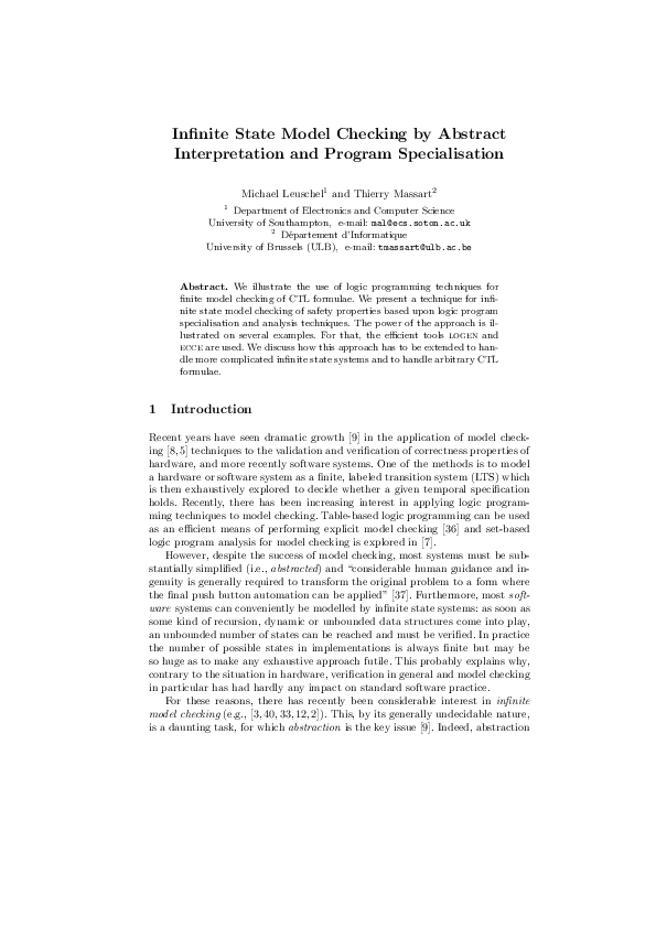 Pdf Infinite State Model Checking By Abstract Interpretation And Program Specialisation