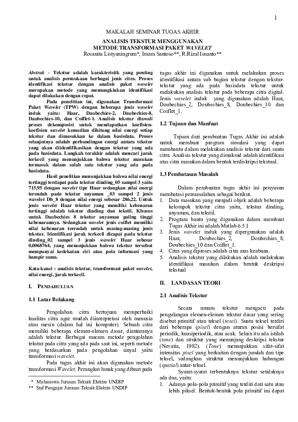 (PDF) Analisis Tekstur Menggunakan Metode Transformasi Paket Wavelet