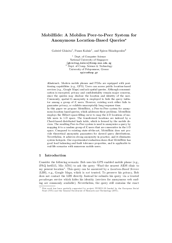 (PDF) MobiHide: A Mobilea Peer-to-Peer System for Anonymous Location-Based Queries
