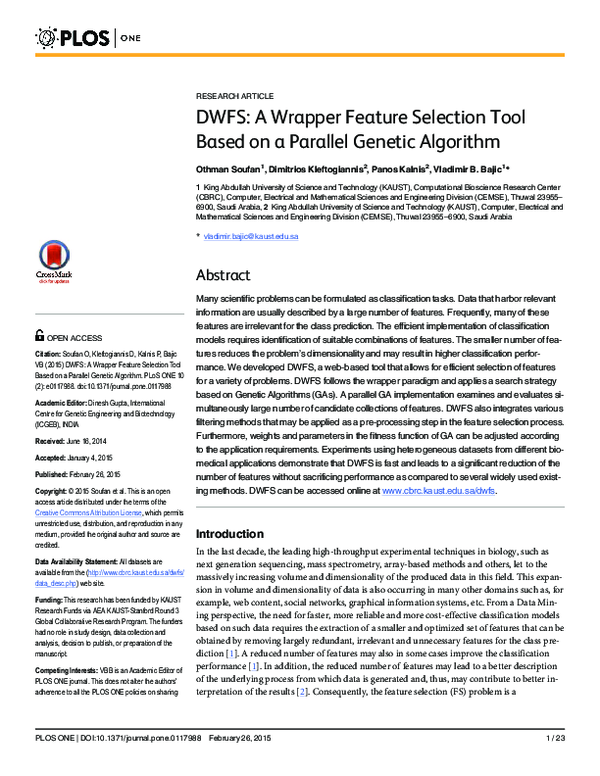 Pdf Dwfs A Wrapper Feature Selection Tool Based On A Parallel Genetic Algorithm