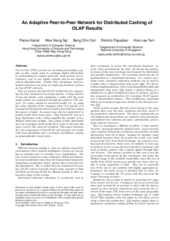 (PDF) An adaptive peer-to-peer network for distributed caching of OLAP results