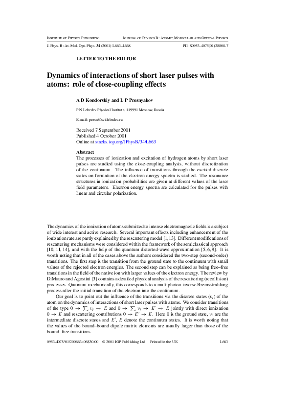 (PDF) Dynamics of interactions of short laser pulses with atoms: role ...