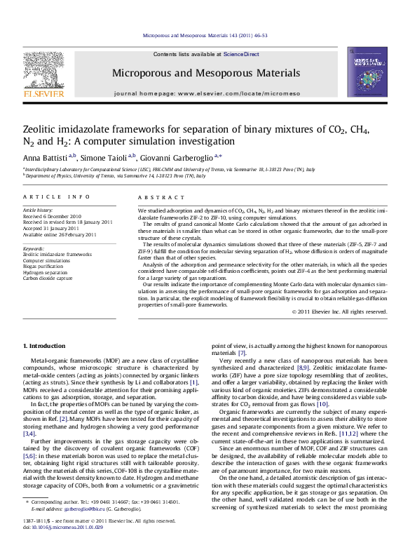 (PDF) Zeolitic imidazolate frameworks for separation of binary mixtures of CO2, CH4, N2 and H2 ...