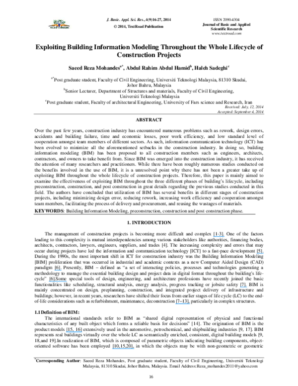 (PDF) Exploiting Building Information Modeling Throughout the Whole Lifecycle of Construction ...