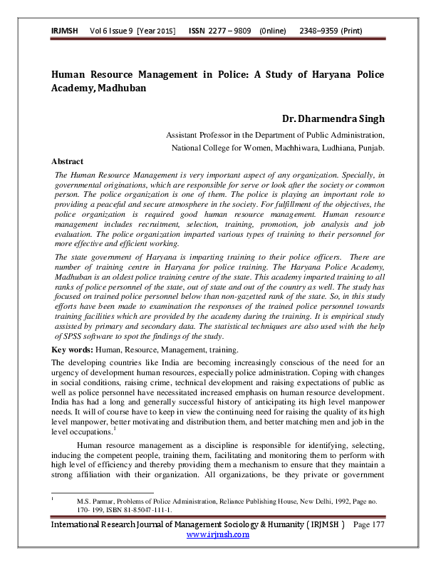 (PDF) Human Resource Management in Police: A Study of Haryana Police ...