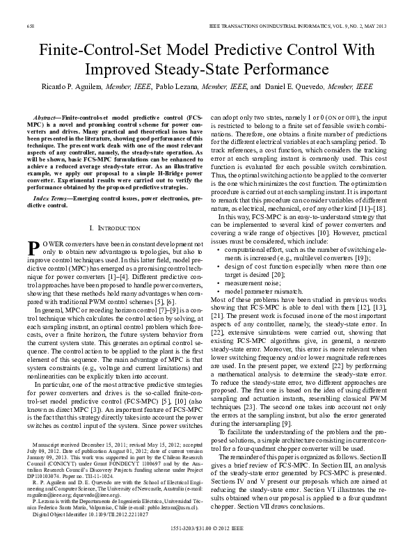 Pdf Finite Control Set Model Predictive Control With Improved Steady State Performance