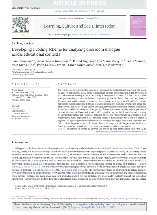 (PDF) Developing a coding scheme for analysing classroom dialogue across educational contexts