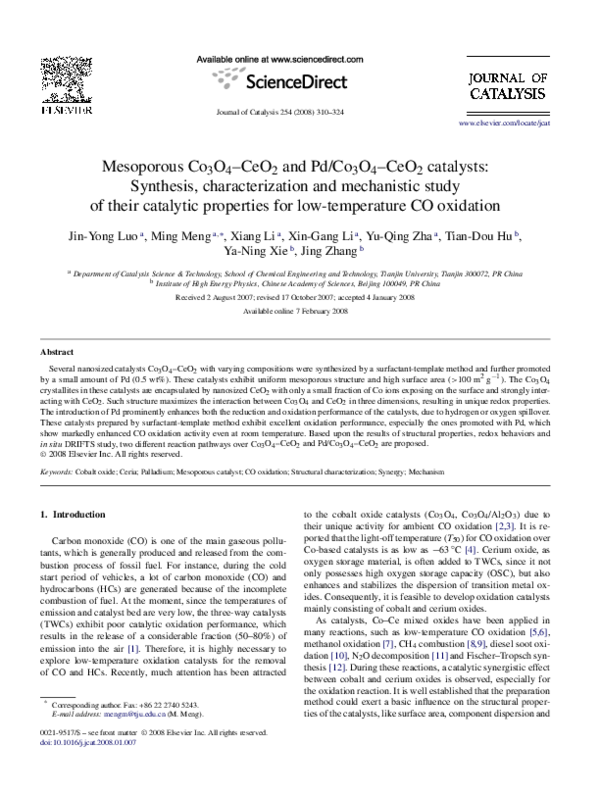 (PDF) Mesoporous Co3O4–CeO2 and Pd/Co3O4–CeO2 catalysts: Synthesis ...