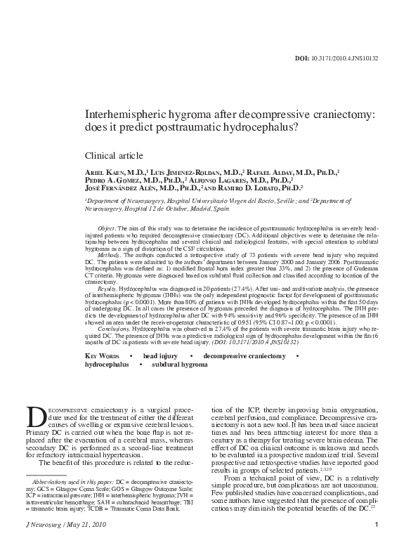 (PDF) Interhemispheric hygroma after decompressive craniectomy: does it predict posttraumatic ...