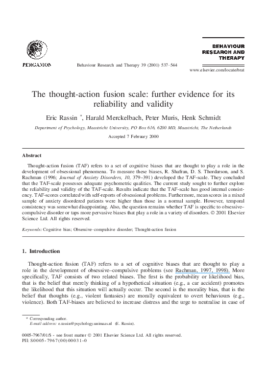 (PDF) The thought-action fusion scale: further evidence for its ...