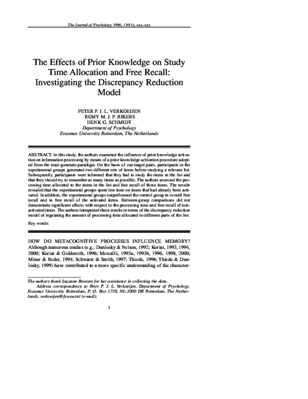 (PDF) The Effects of Prior Knowledge on Study-Time Allocation and Free ...