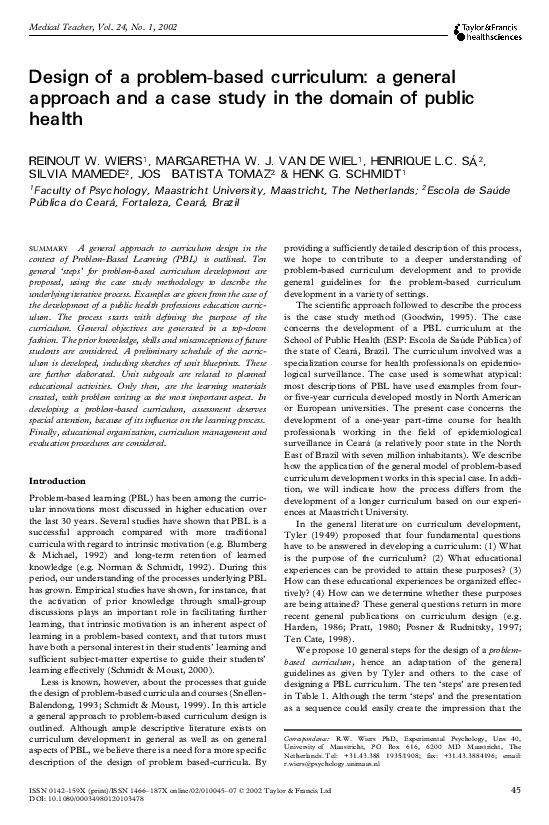 (PDF) Design of a problem-based curriculum: a general approach and a ...