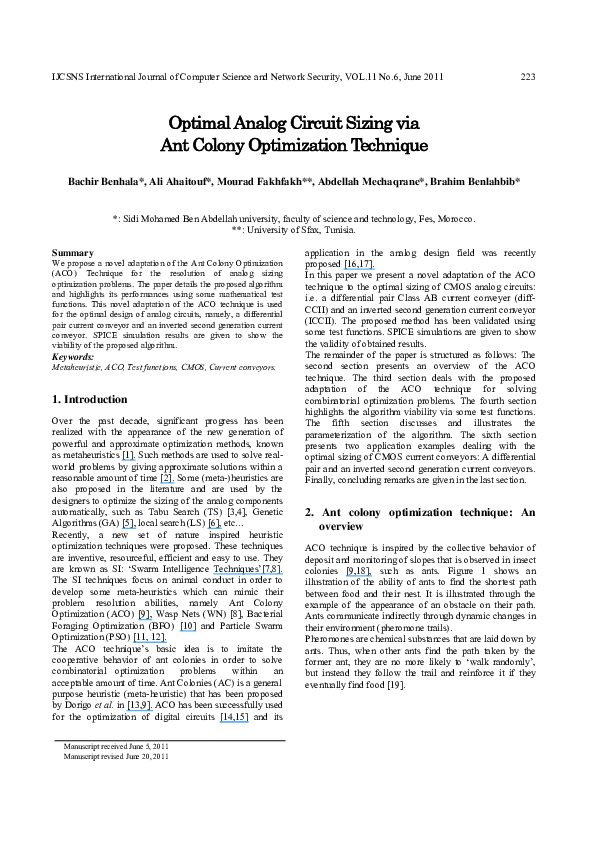 Pdf Optimal Analog Circuit Sizing Via Ant Colony Optimization Technique