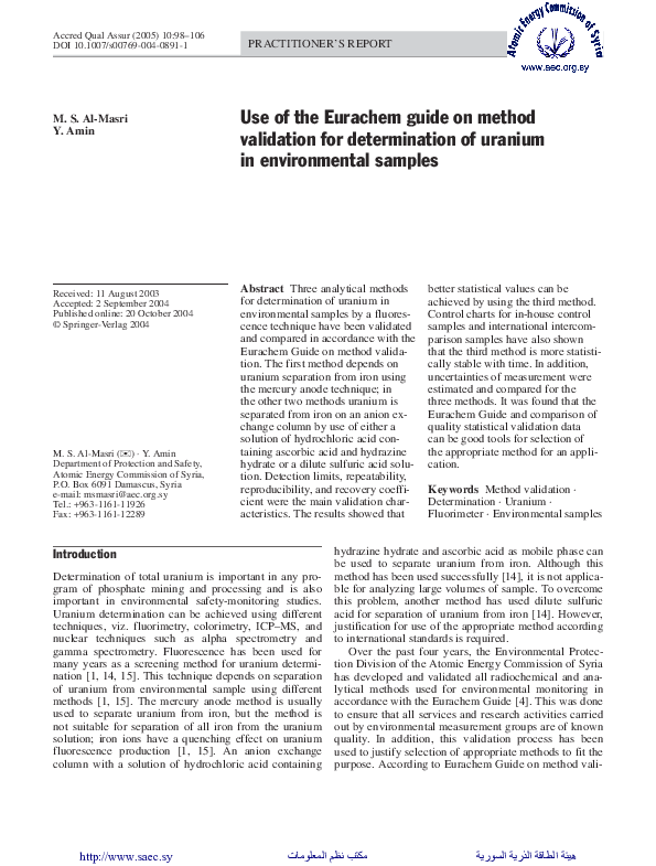 Pdf Use Of The Eurachem Guide On Method Validation For Determination Of Uranium In