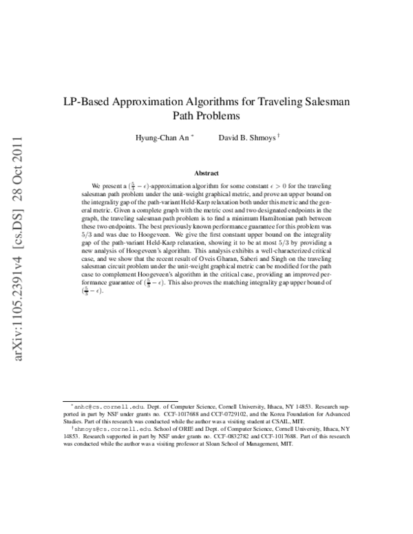 Pdf Lp Based Approximation Algorithms For Traveling Salesman Path Problems David Shmoys