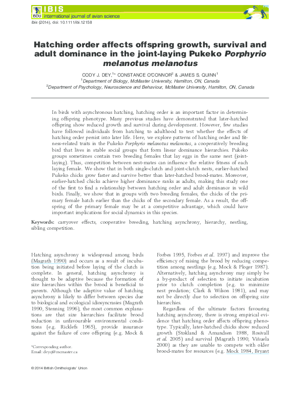 (PDF) Hatching order affects offspring growth, survival and adult dominance in the joint-laying ...