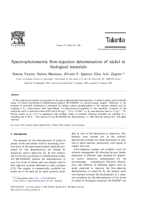 Pdf Spectrophotometric Flow Injection Determination Of Nickel In Biological Materials Simone