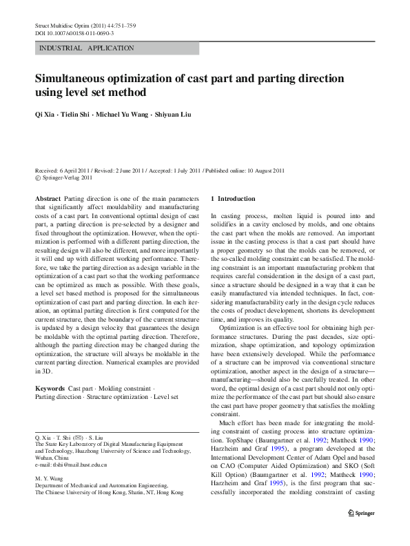 Pdf Simultaneous Optimization Of Cast Part And Parting Direction Using Level Set Method