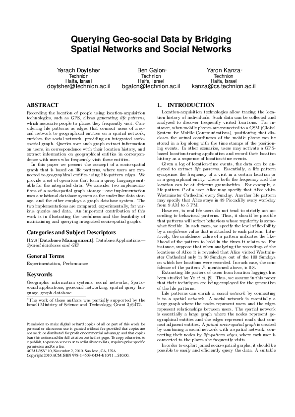 (PDF) Querying geo-social data by bridging spatial networks and social ...