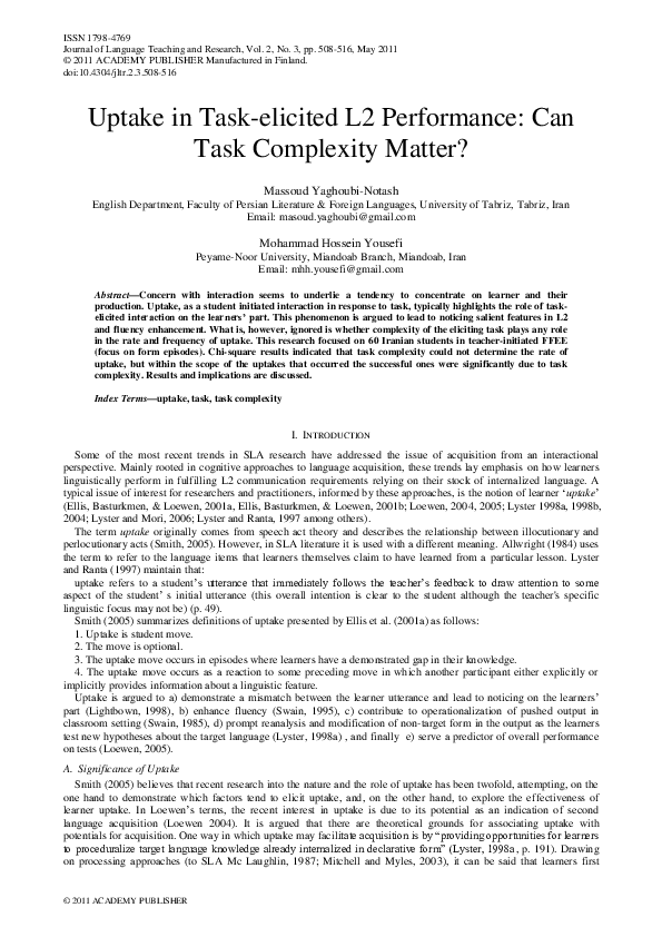 Pdf Uptake In Task Elicited L2 Performance Can Task Complexity Matter