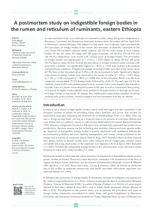 (PDF) Prevalence of Indigestible Rumen and Reticulum Foreign Bodies in ...