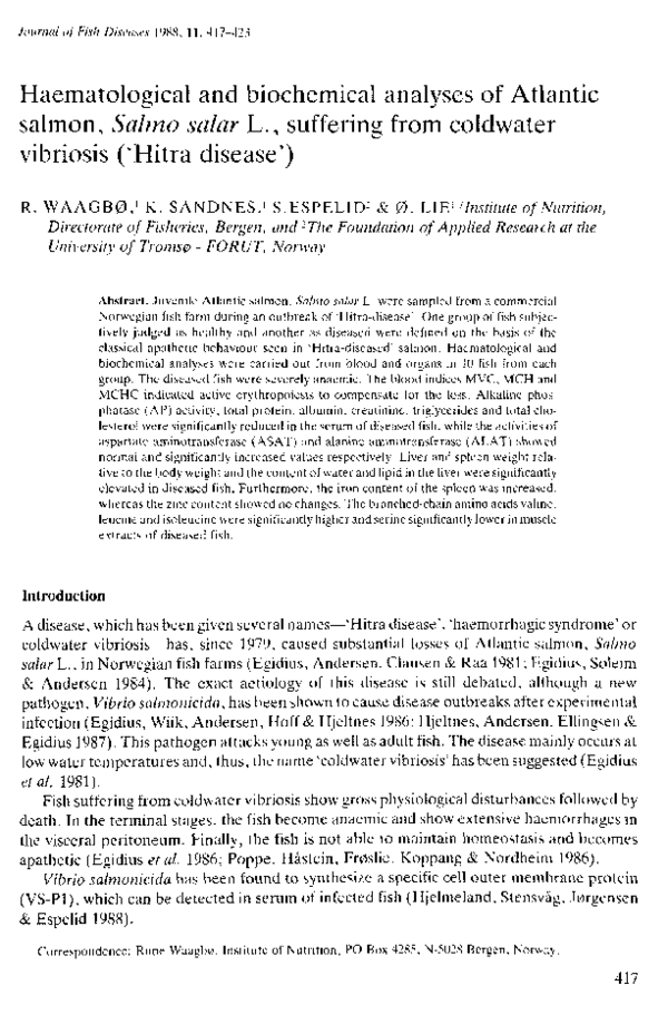 (PDF) Haematological and biochemical analyses of Atlantic salmon, Salmo ...