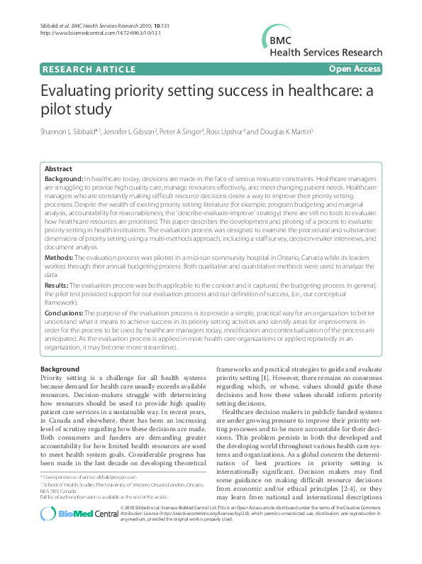 (PDF) Evaluating priority setting success in healthcare: a pilot study