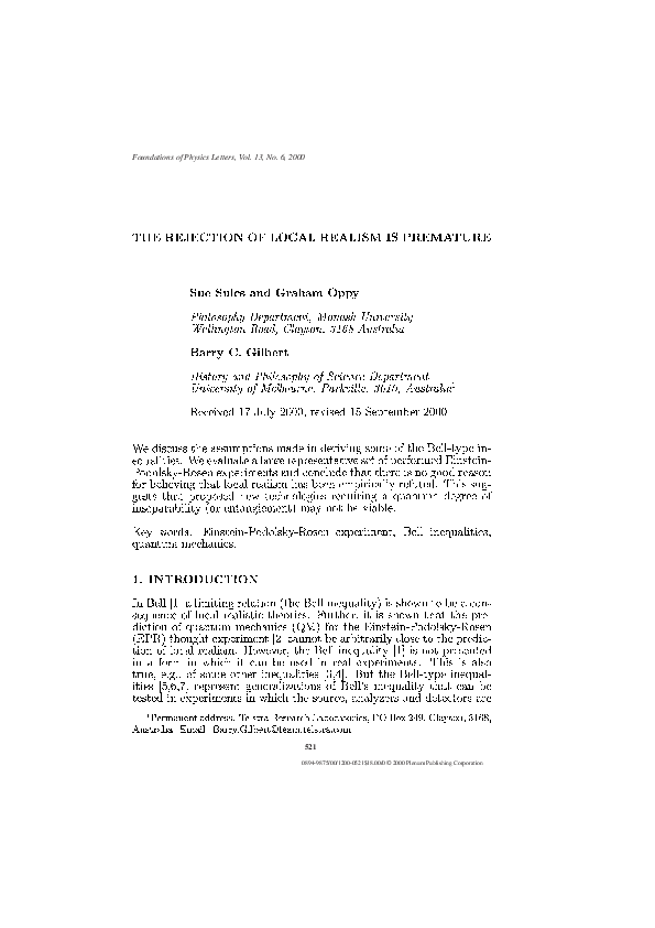 (PDF) The Rejection of Local Realism is Premature | Graham Oppy ...