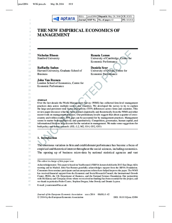 (PDF) JEEA-FBBVA LECTURE 2013 : THE NEW EMPIRICAL ECONOMICS OF MANAGEMENT