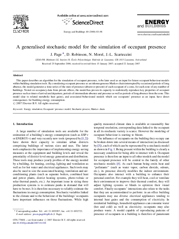 Pdf A Generalised Stochastic Model For The Simulation Of Occupant Presence