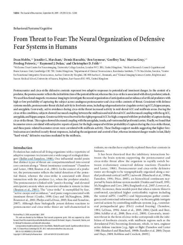 (PDF) From threat to fear: the neural organization of defensive fear ...