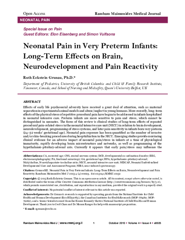 (PDF) Neonatal Pain in Very Preterm Infants: Long-Term Effects on Brain ...